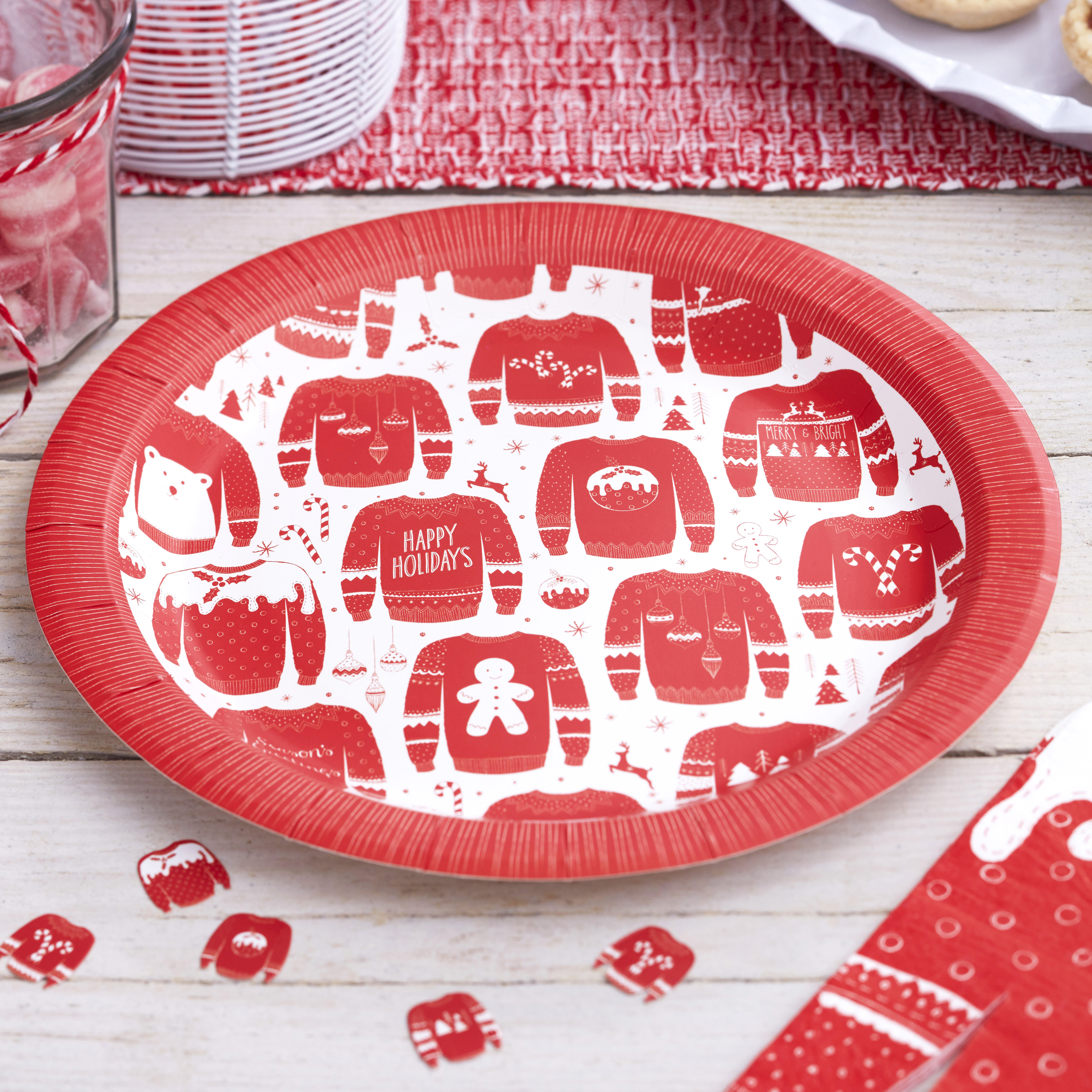 Red and White Festive Jumper Paper Plates - Cosy Christmas | Ginger Ray
