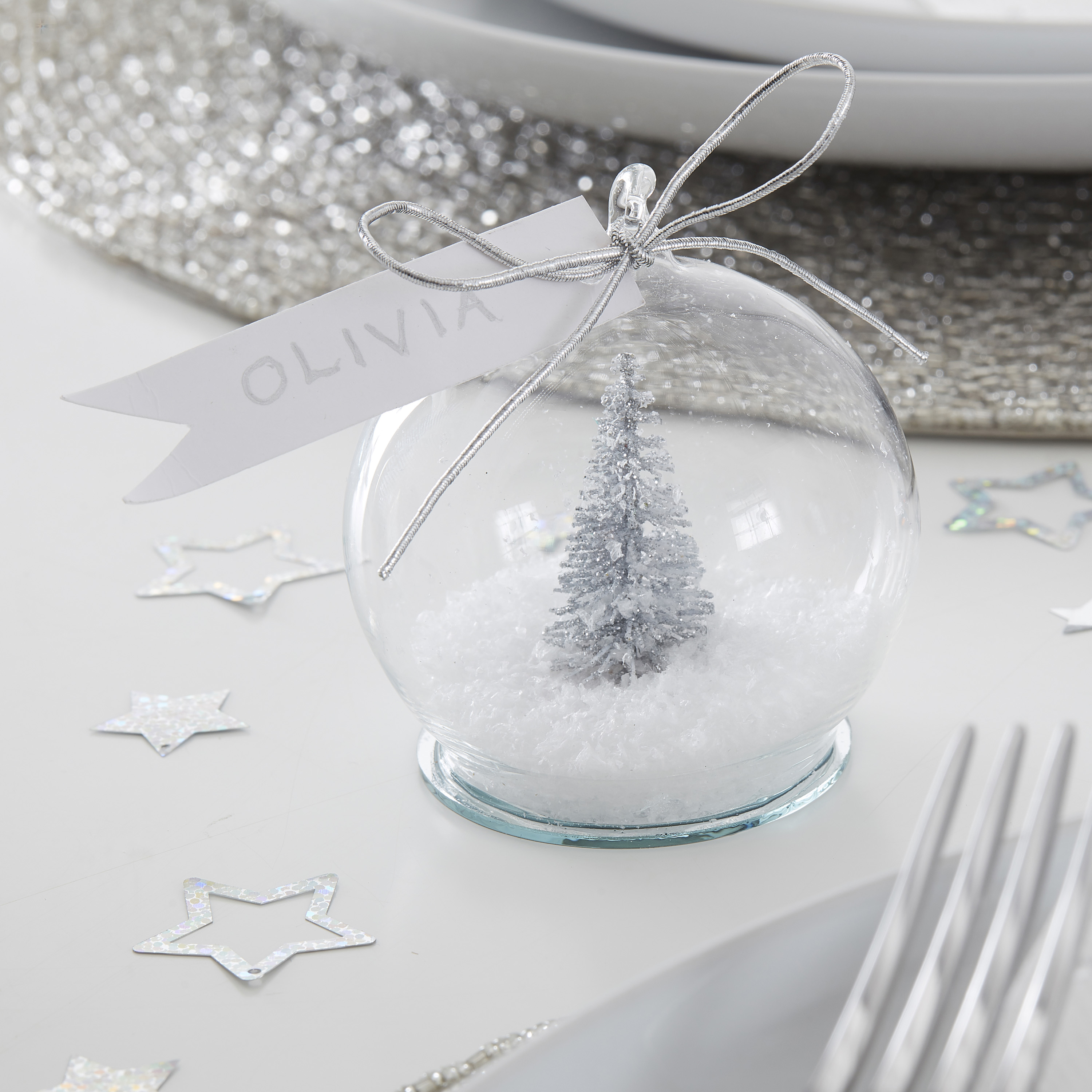 Silver Tree Snow Globe Christmas Place Cards | Ginger Ray