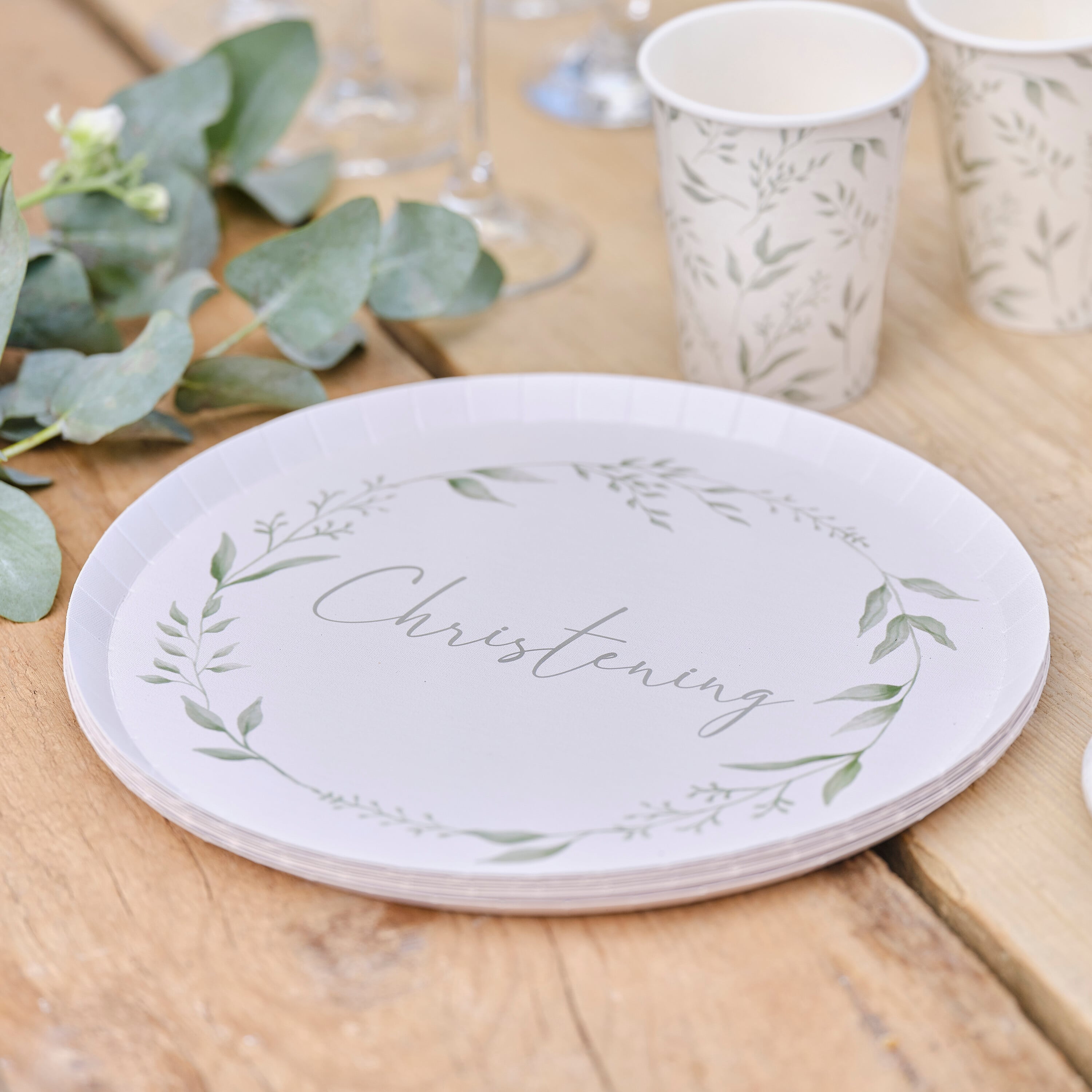 White and Green Christening Paper Plates | Ginger Ray