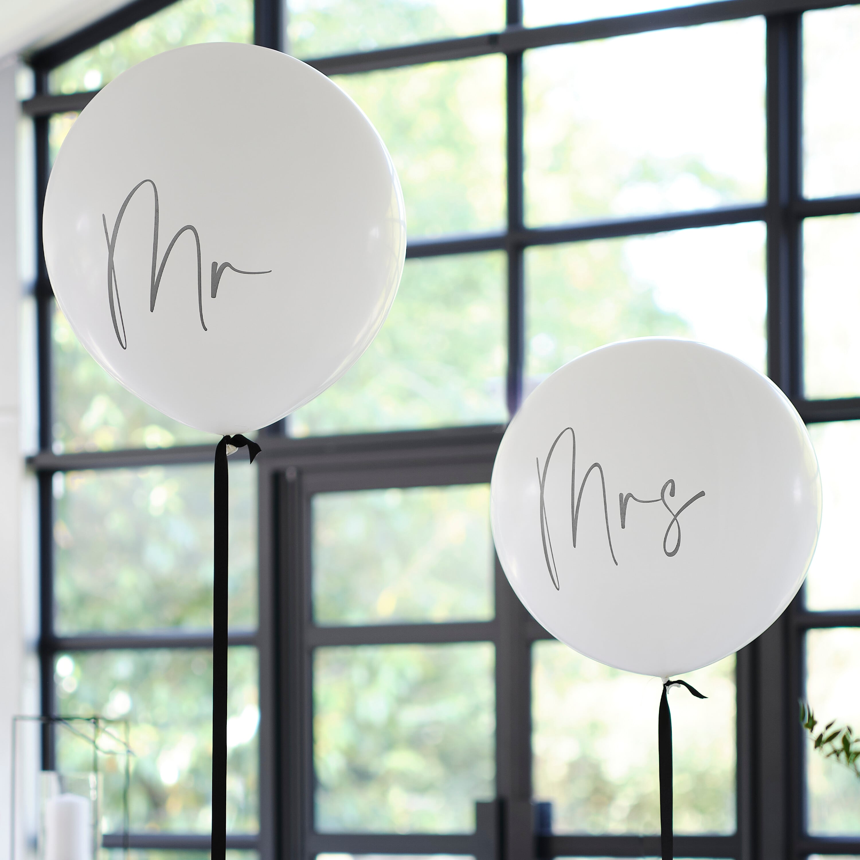 Black & White Mr & Mrs Balloons with Black Balloon Tails | Ginger Ray