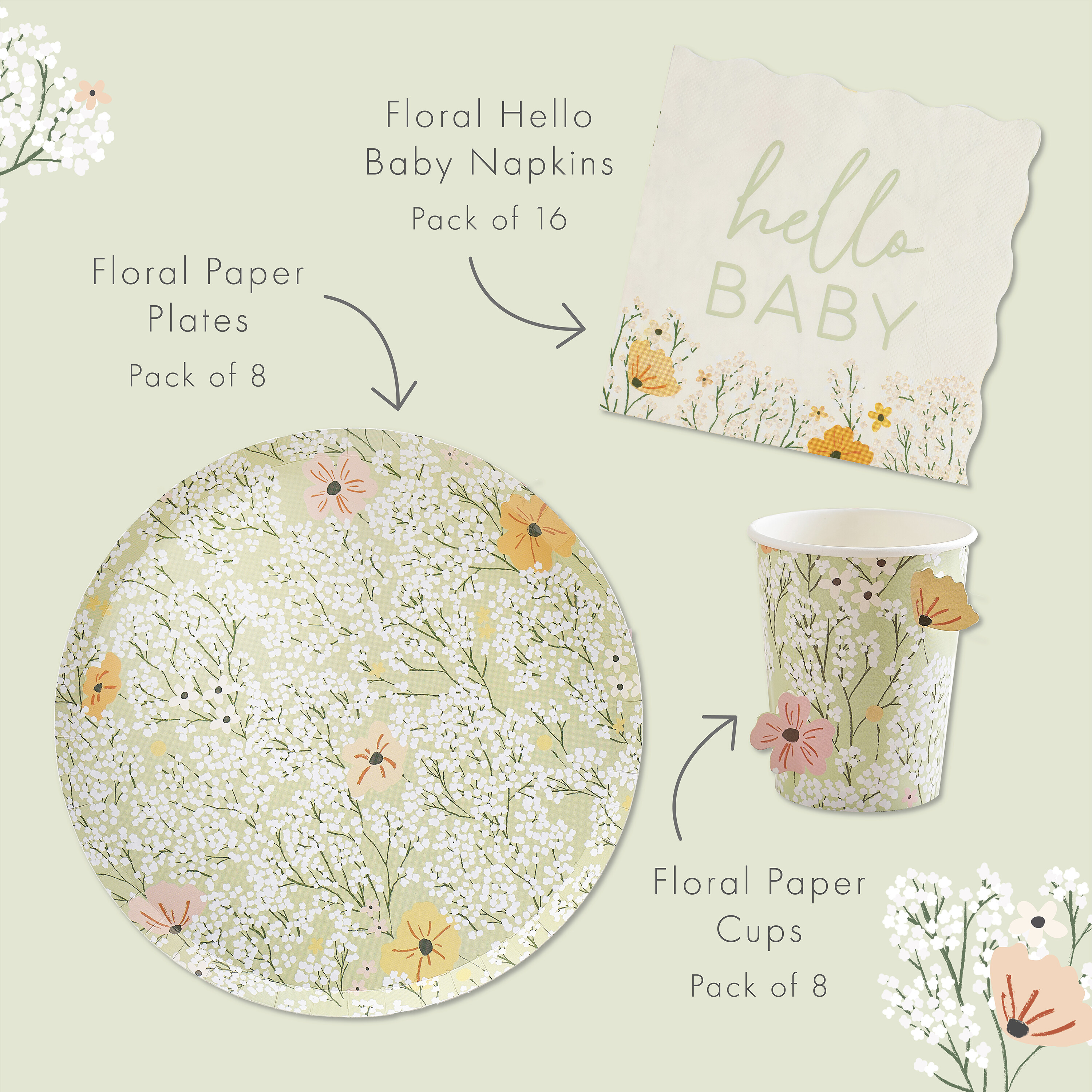 Hello Baby Floral Tableware Kit | Ginger Ray