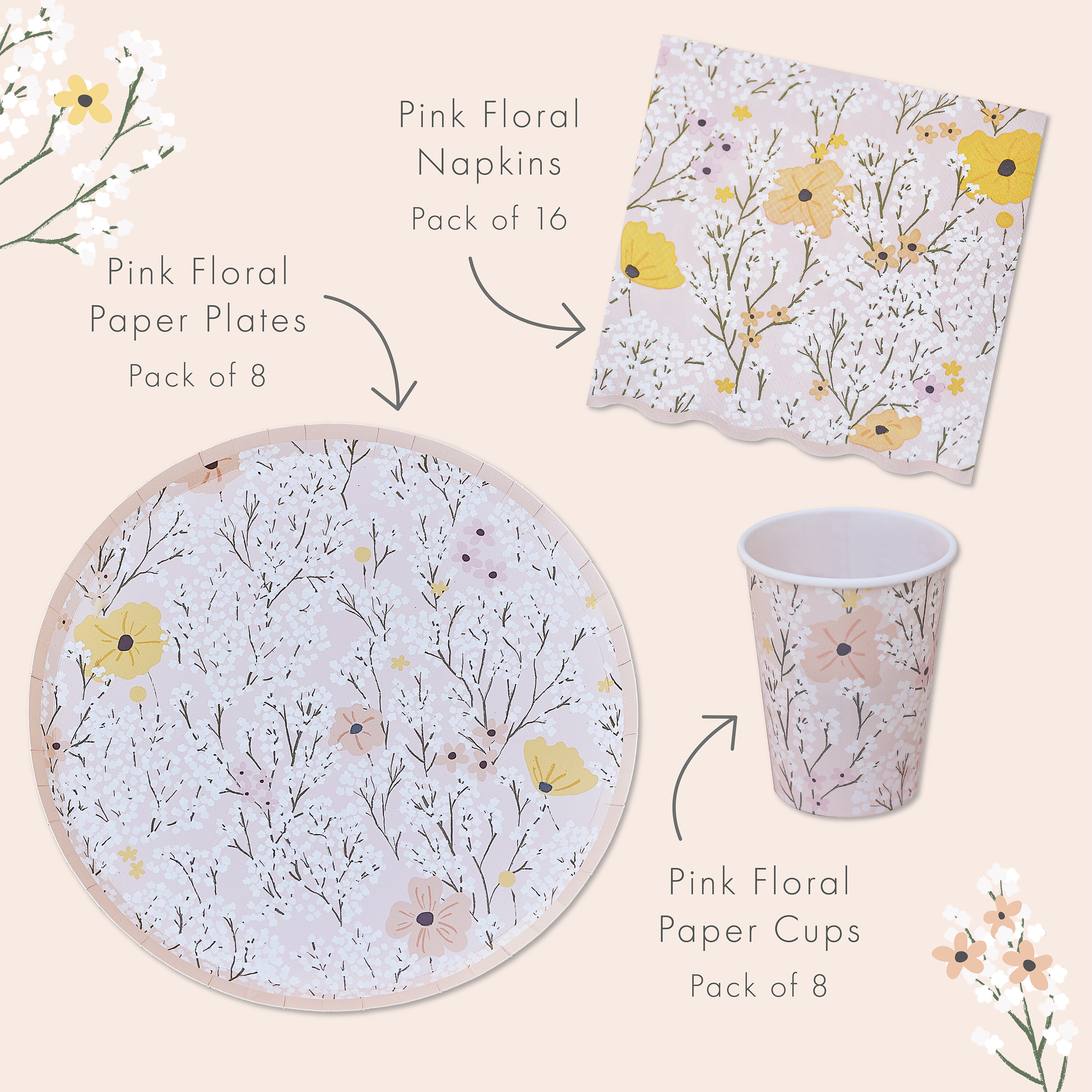 Pink Floral Party Tableware Kit Birthday Tableware | Ginger Ray