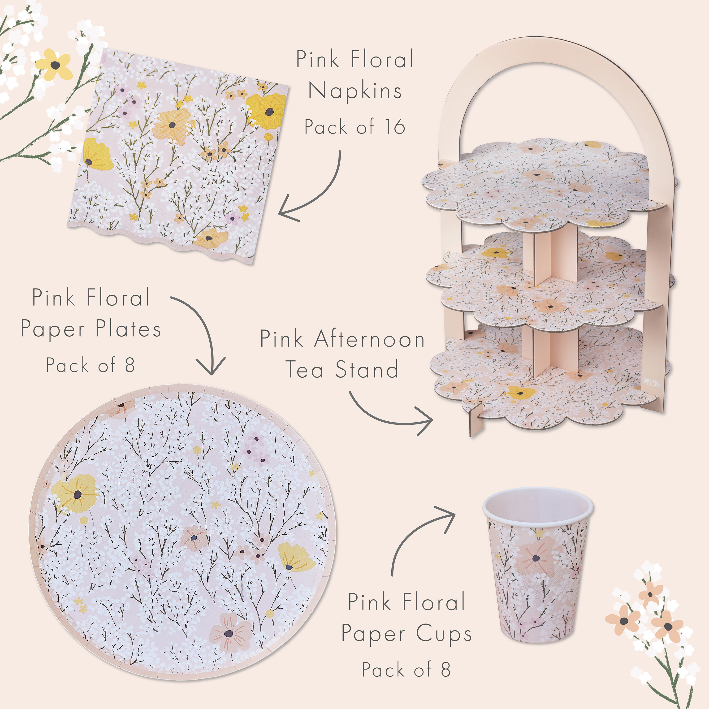 Pink Floral Afternoon Tea Stand & Party Tableware Kit | Ginger Ray