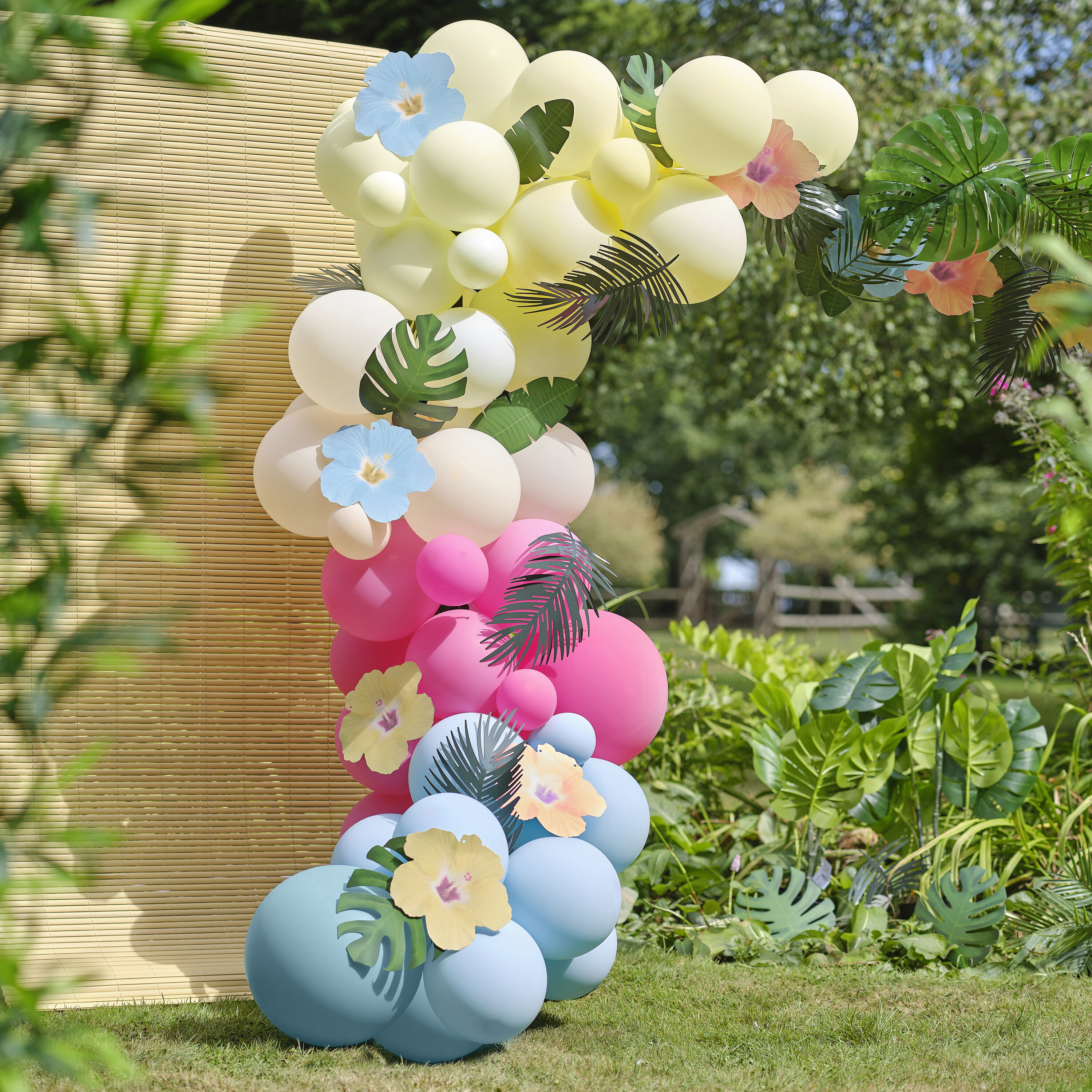 Blue, Pink, Green & Yellow Hawaiian Tiki Balloon Arch with Tropical ...