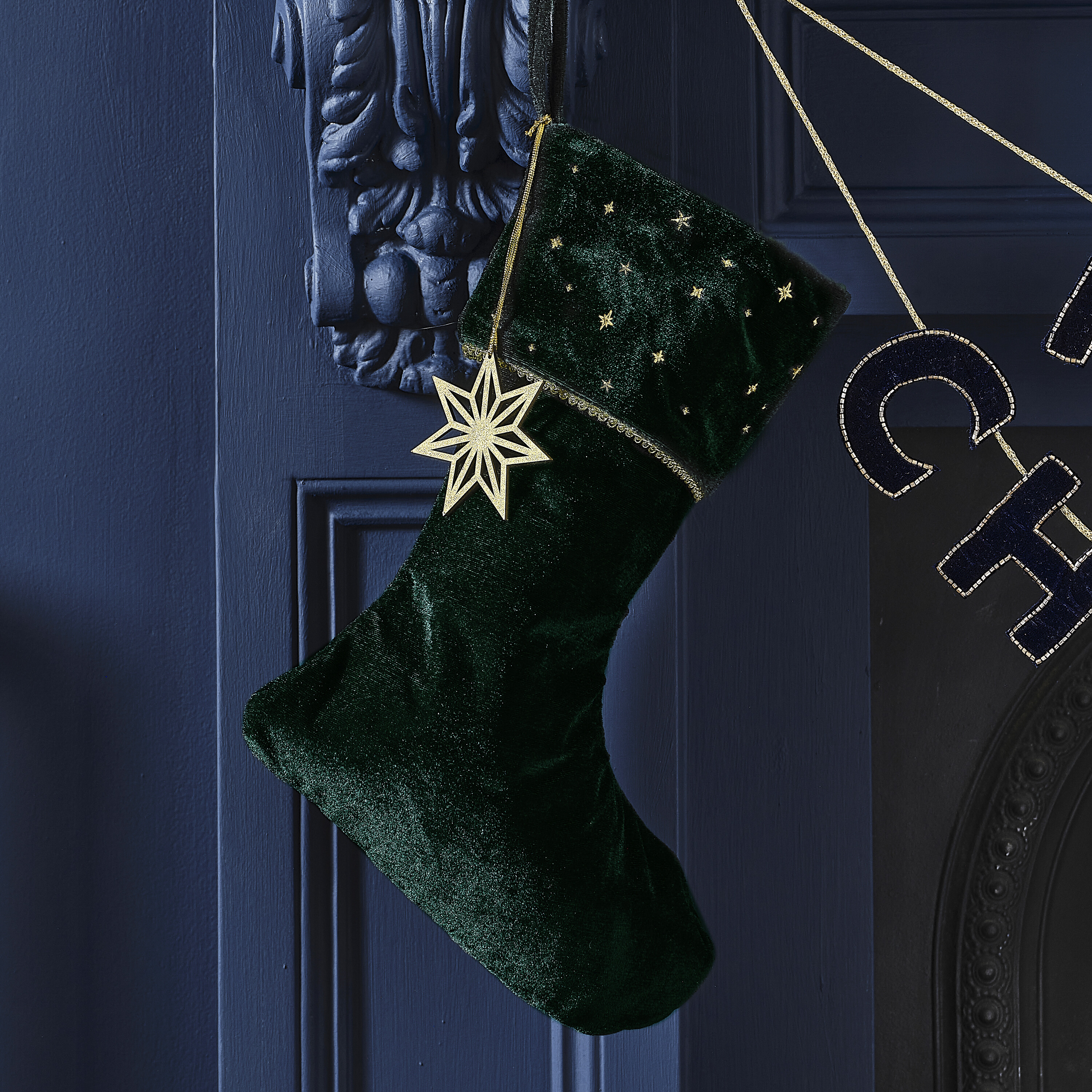Green Velvet Embroidered Christmas Stocking with Charm | Ginger Ray